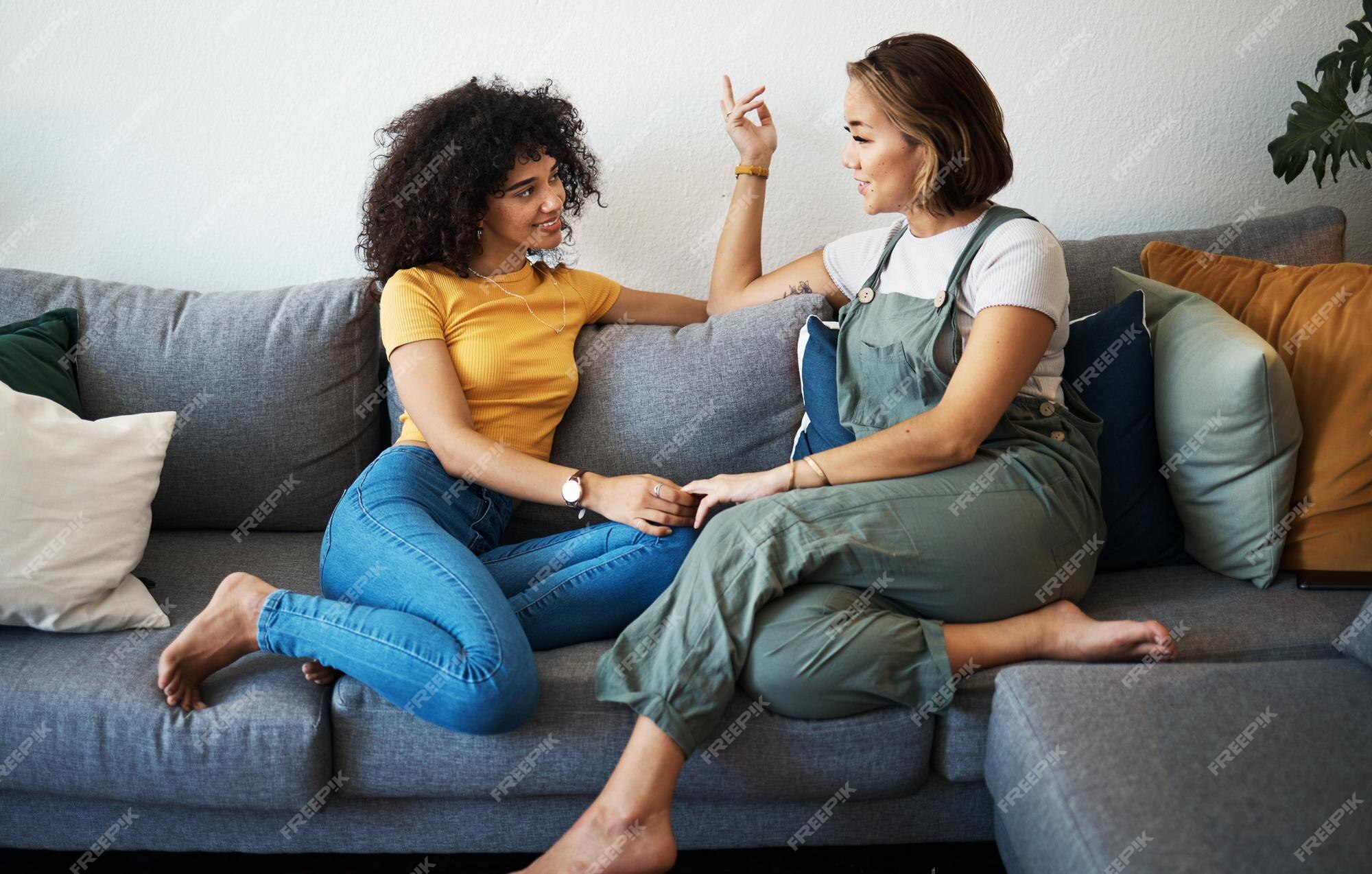 Premium Photo Conversation Lesbian With Couple And Relax On Sofa In