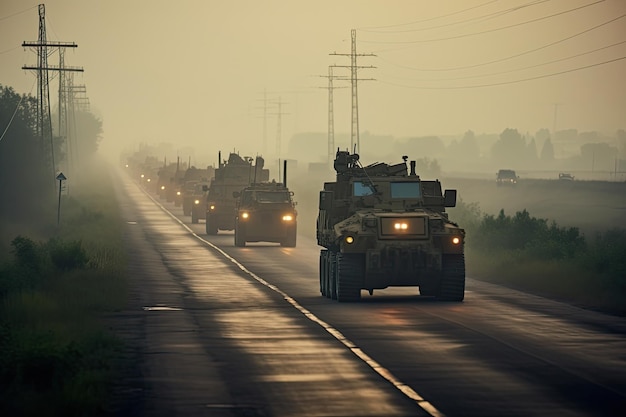 Premium AI Image | A convoy of military vehicles driving down a road Premium AI Image | A convoy of military vehicles driving down a road