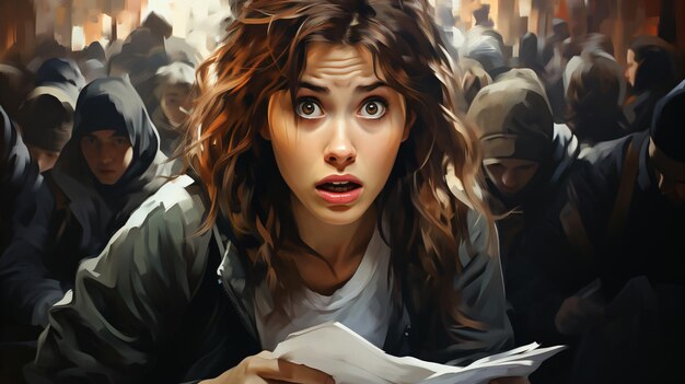 Premium AI Image | Coping with Exam Stress WideEyed Fearful Woman Premium AI Image | Coping with Exam Stress WideEyed Fearful Woman