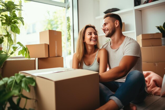 Premium AI Image | Couple moving in new home unpacking boxes Move to a ... Premium AI Image | Couple moving in new home unpacking boxes Move to a ...