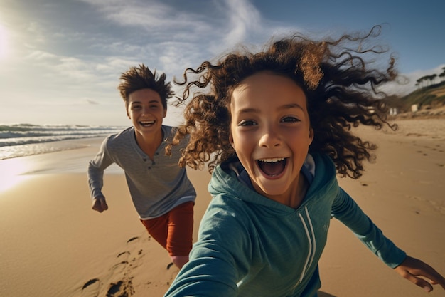 Premium Photo | A couple of young and happy children run on a beach Premium Photo | A couple of young and happy children run on a beach