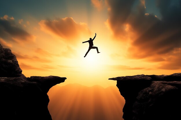 Premium AI Image | courage man jump through gap hill business concept Premium AI Image | courage man jump through gap hill business concept