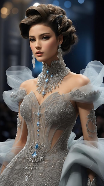 Premium Ai Image Couture Model Wearing A Shiny Silver Dress
