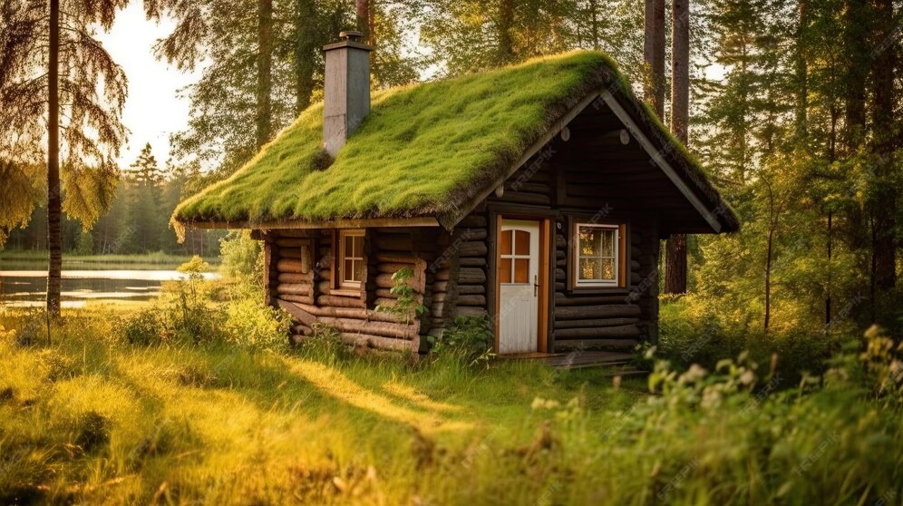 Cozy Log Cabin With Green Roof In Forest Premium Ai Generated Image