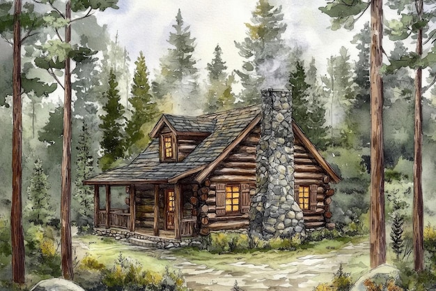 Cozy Log Cabin In The Woods Premium Ai Generated Image