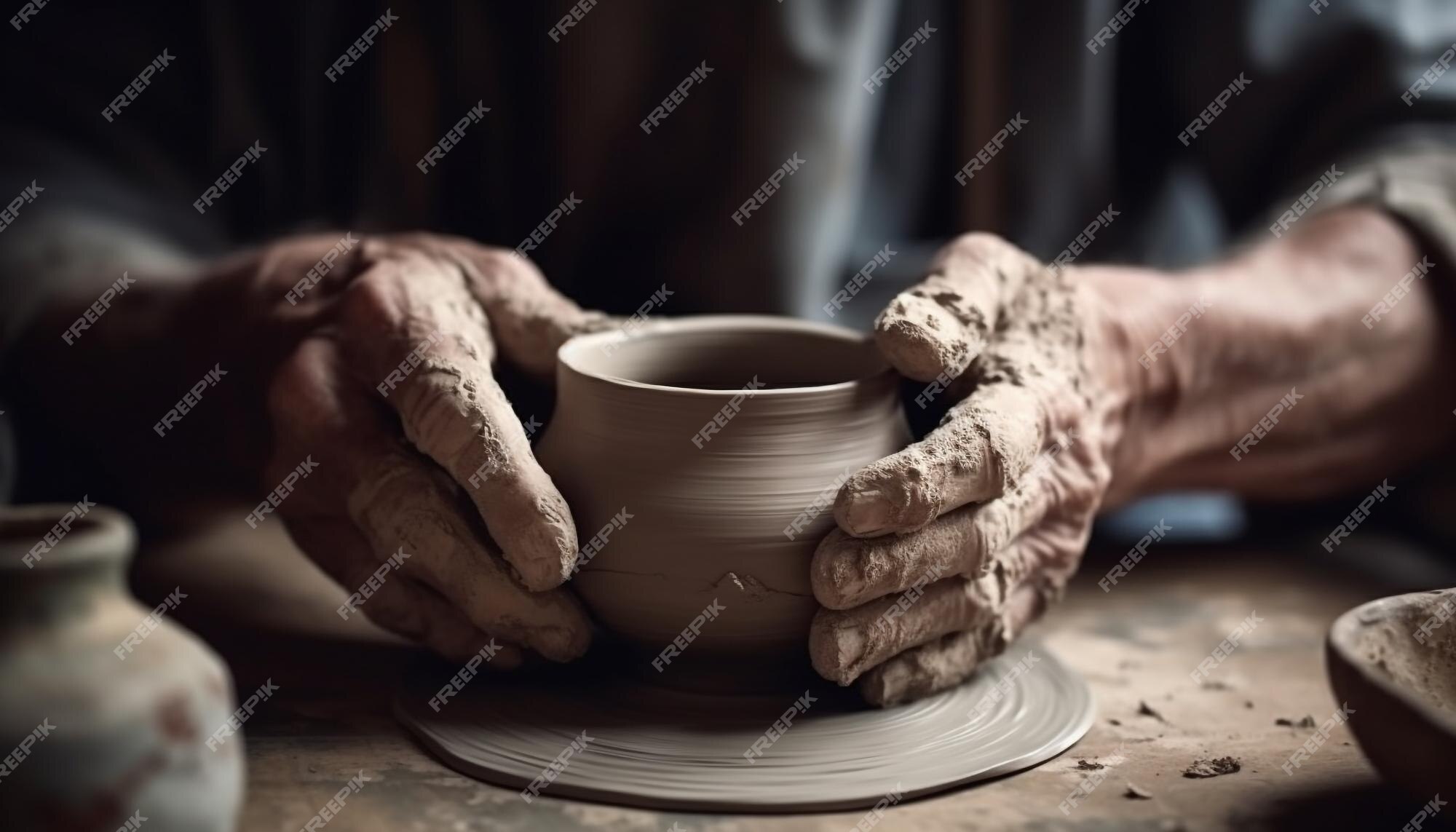 Premium Ai Image Craftsperson Turning Wet Clay On Pottery Wheel Creating Homemade Vase