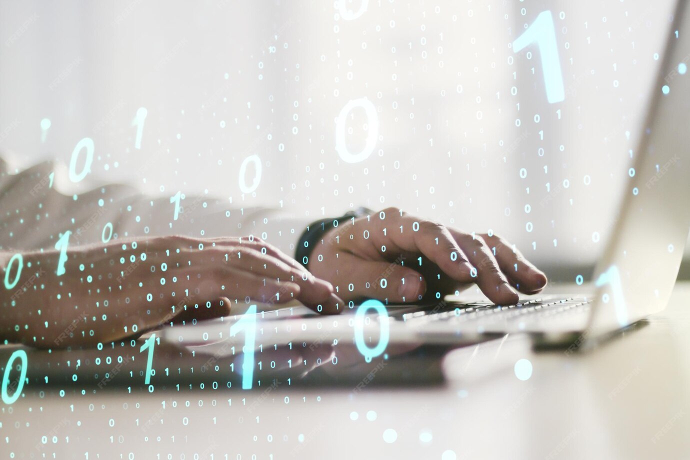 Premium Photo | Creative abstract binary code sketch and hands typing on computer keyboard on ...