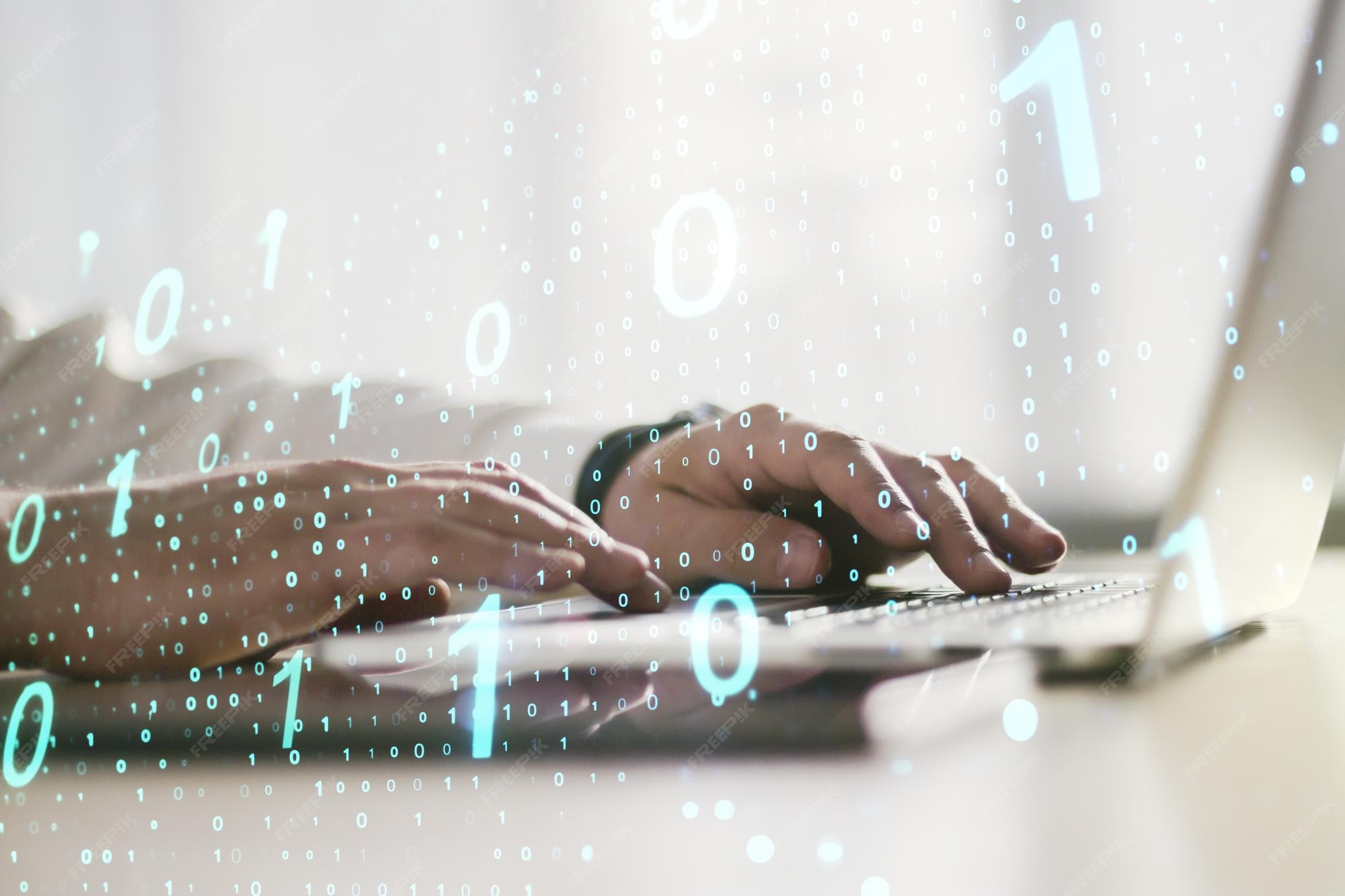 Premium Photo | Creative abstract binary code sketch and hands typing ...