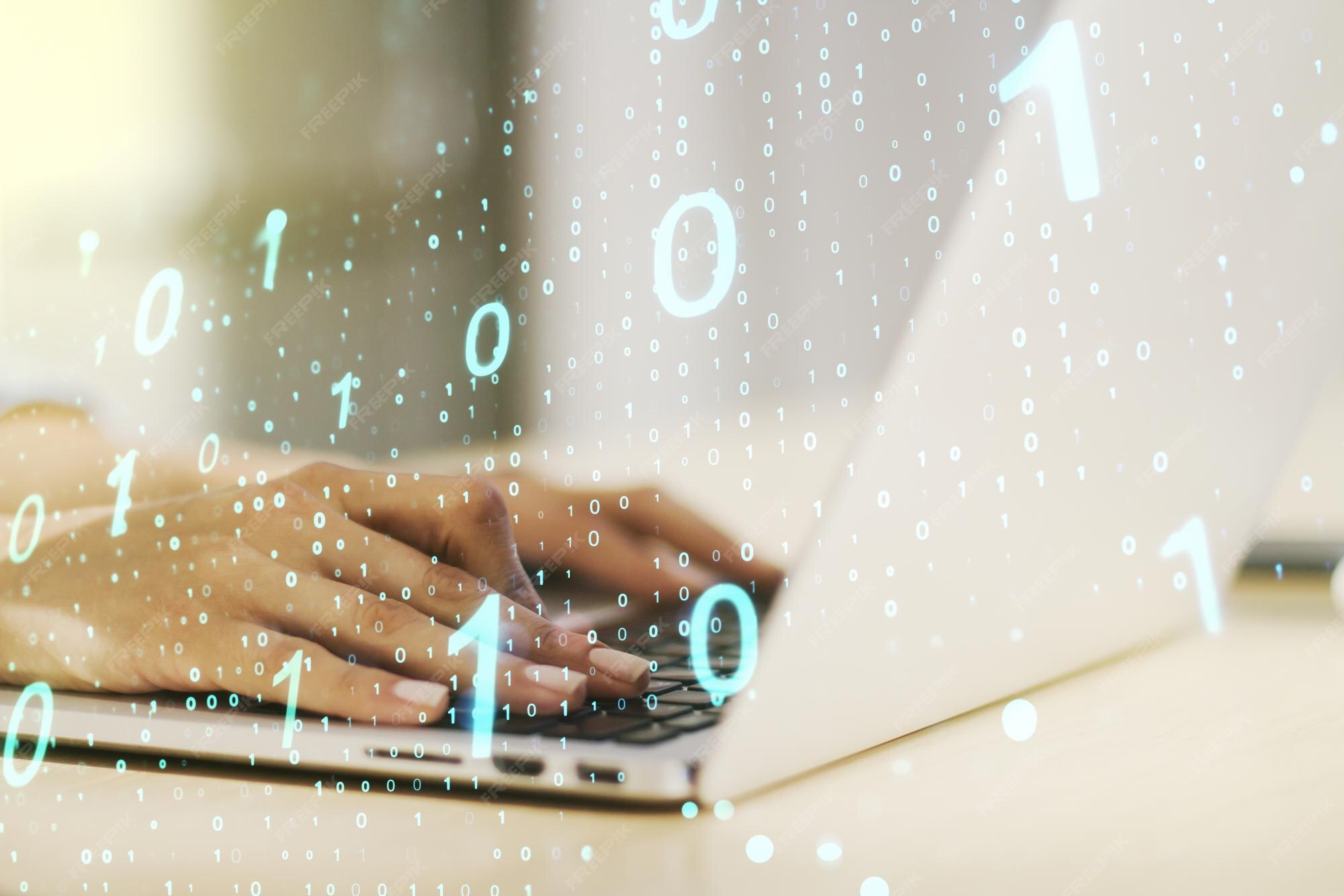 Premium Photo | Creative abstract binary code sketch and hands typing on computer keyboard on ...