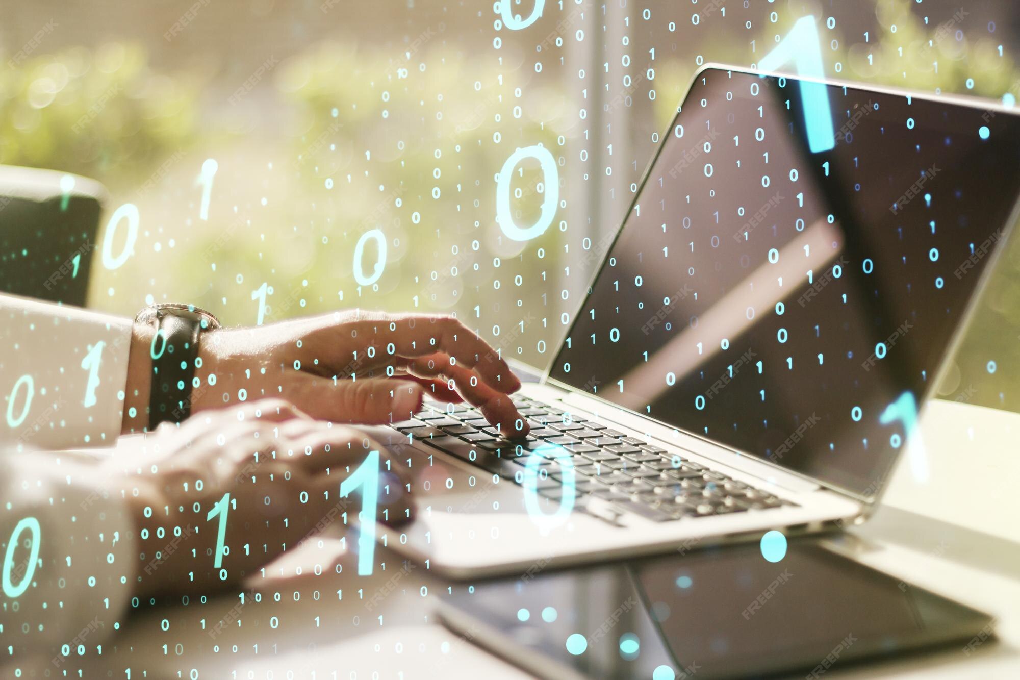 Premium Photo | Creative abstract binary code sketch and hands typing on computer keyboard on ...