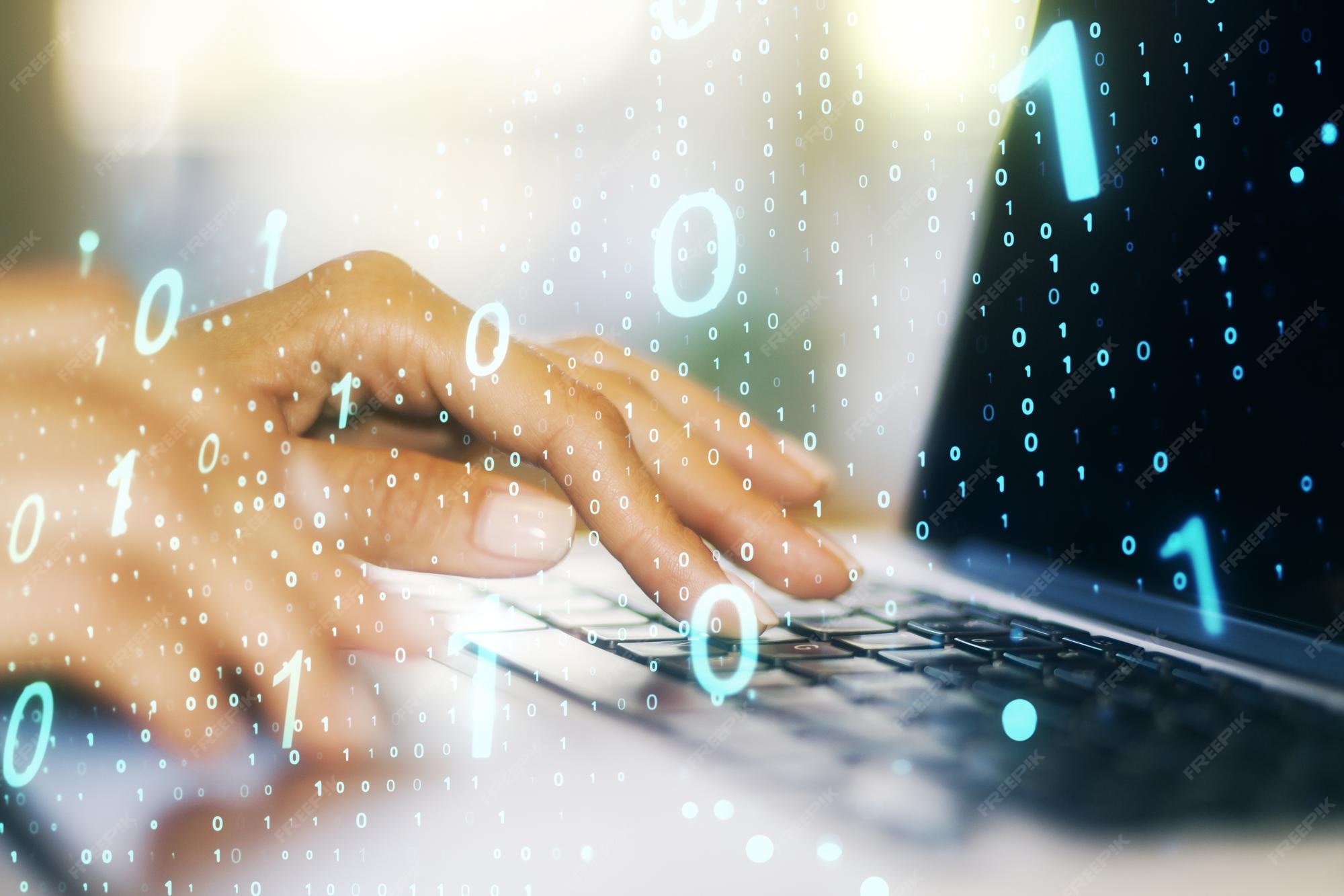 Premium Photo | Creative abstract binary code sketch and hands typing on computer keyboard on ...