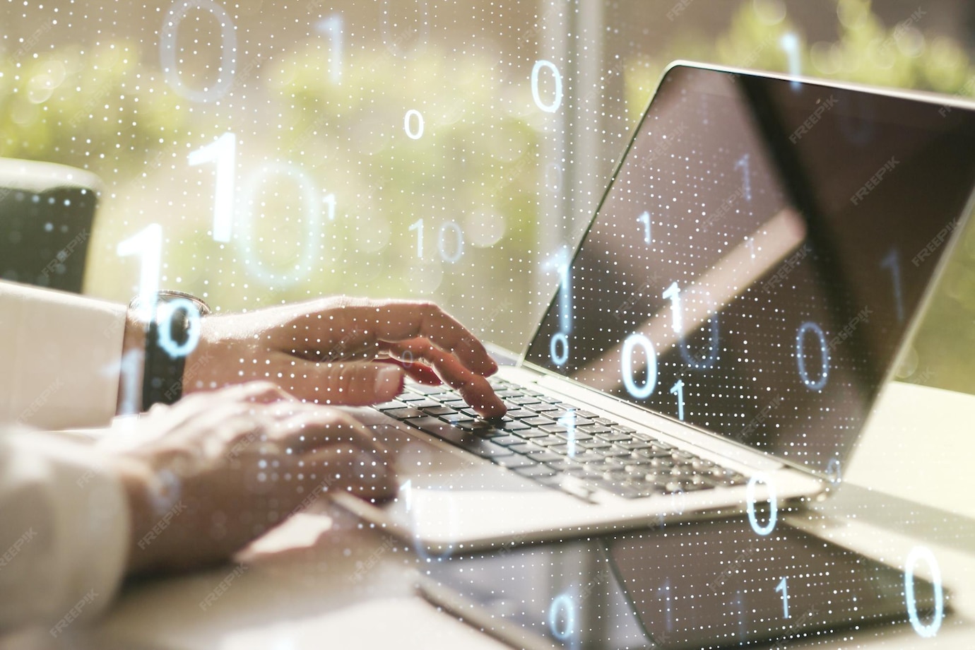 Premium Photo | Creative abstract binary code sketch and hands typing on computer keyboard on ...