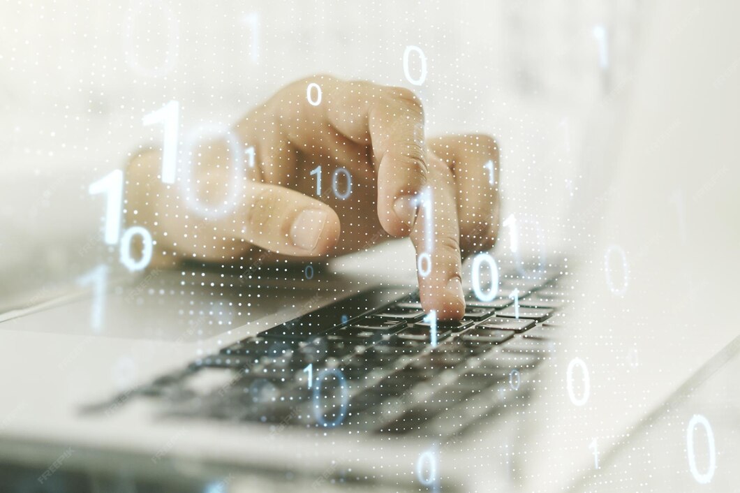 Premium Photo | Creative abstract binary code sketch and hands typing on computer keyboard on ...