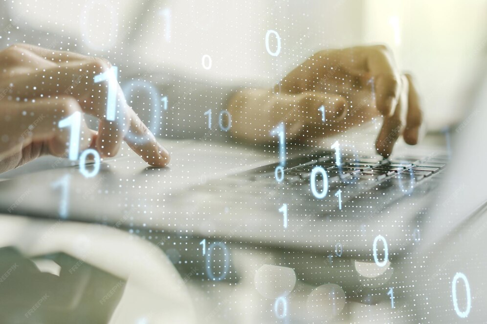 Premium Photo | Creative abstract binary code sketch and hands typing on computer keyboard on ...