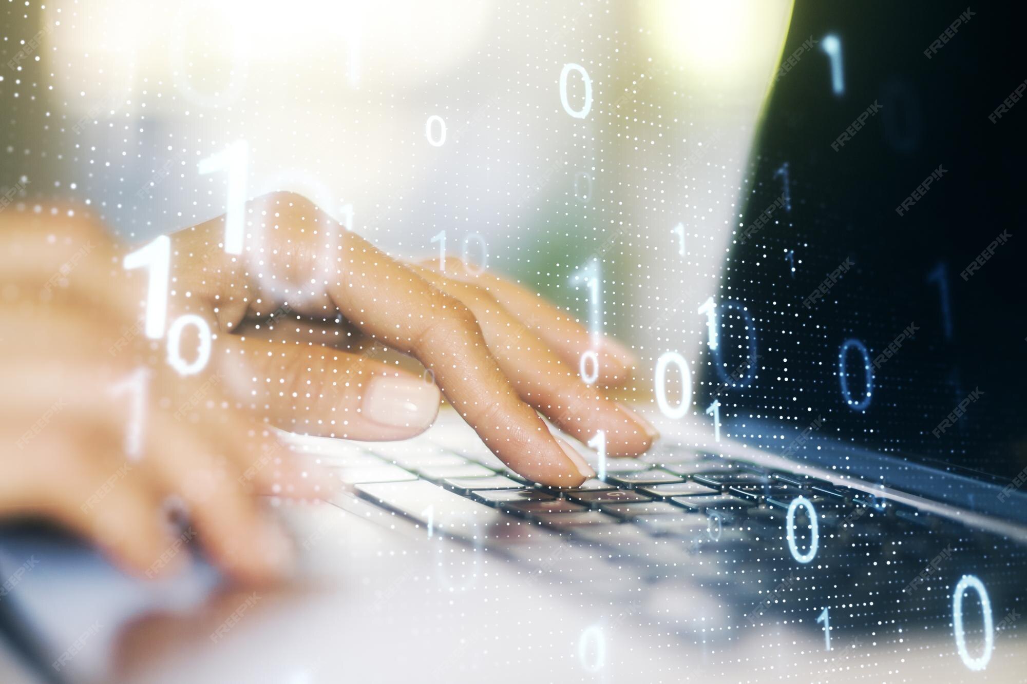 Premium Photo | Creative abstract binary code sketch and hands typing on computer keyboard on ...