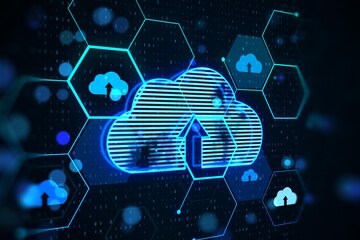 Premium Photo | Creative glowing hexagonal cloud hologram with binary coding on blurry backdrop ...