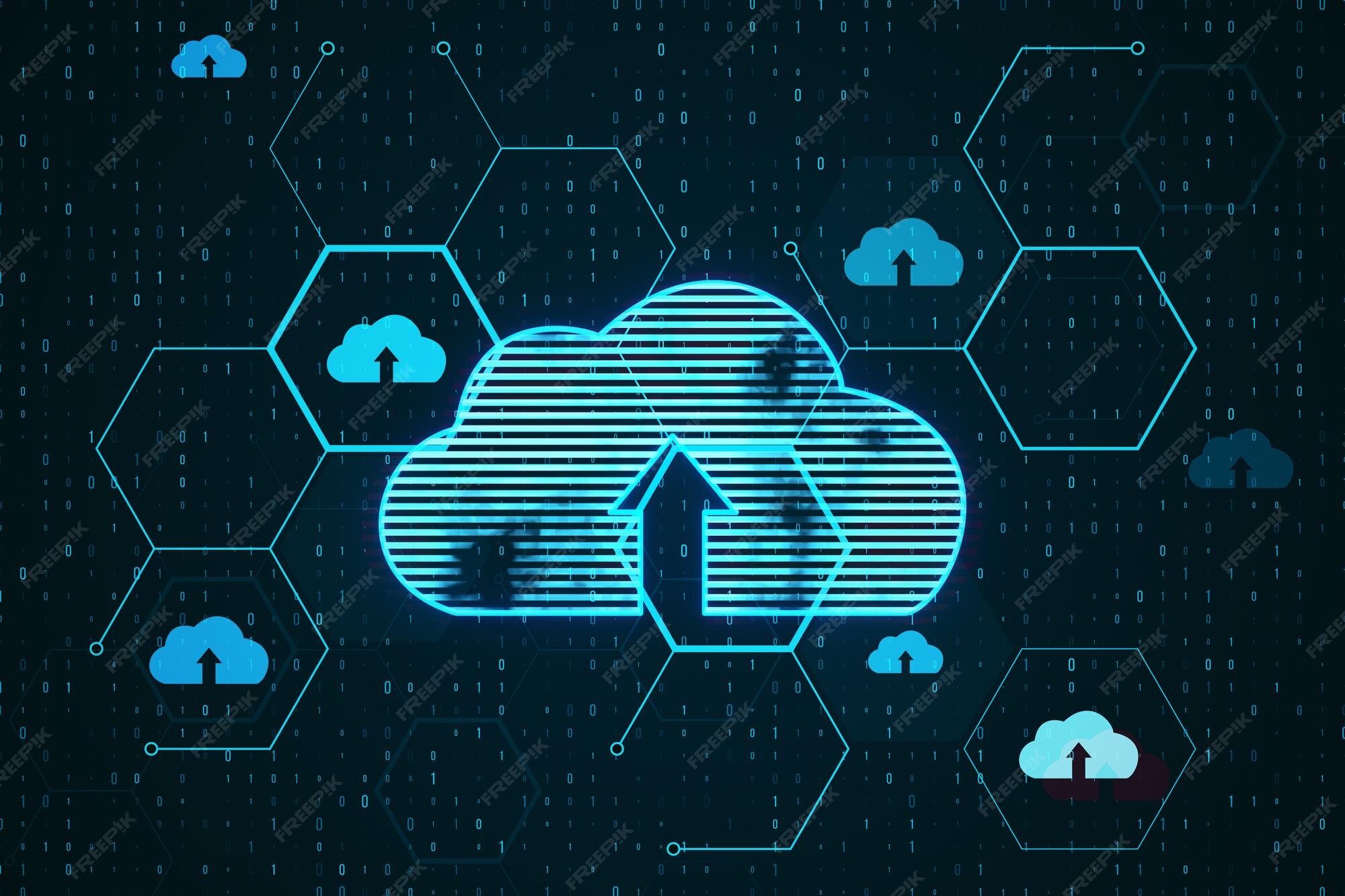 Premium Photo | Creative glowing hexagonal cloud hologram with binary coding on blurry ...