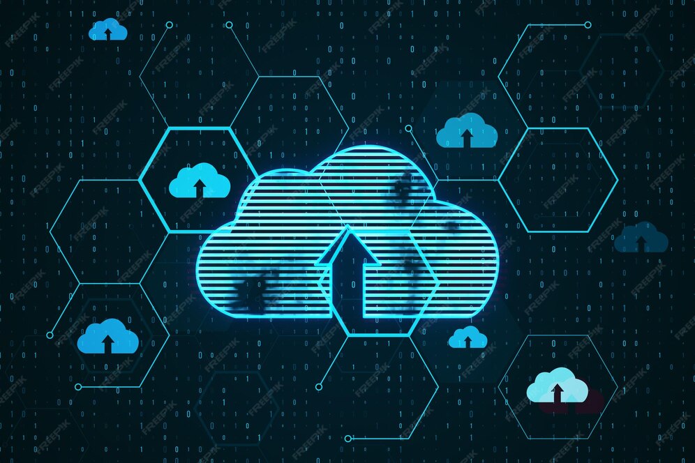 Premium Photo | Creative glowing hexagonal cloud hologram with binary coding on blurry ...