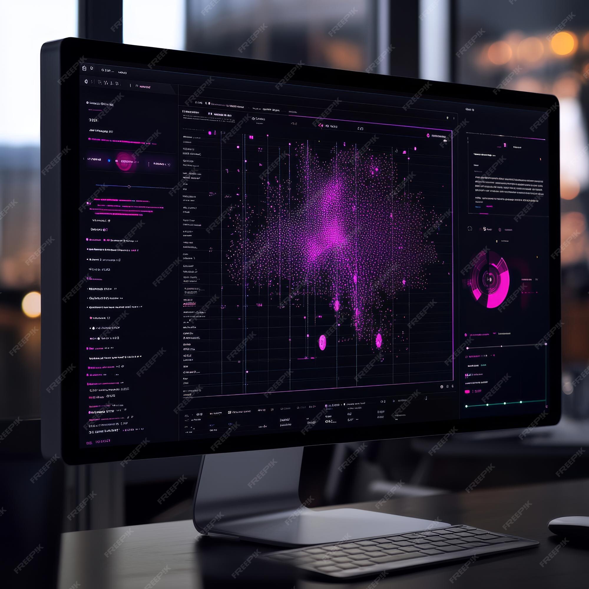 Creative glowing programming code hologram on computer monitor Programming and coding concept ...
