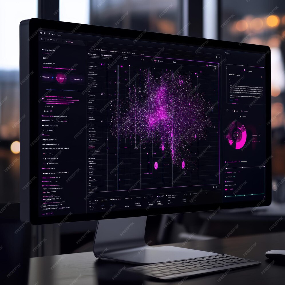 Creative glowing programming code hologram on computer monitor Programming and coding concept ...