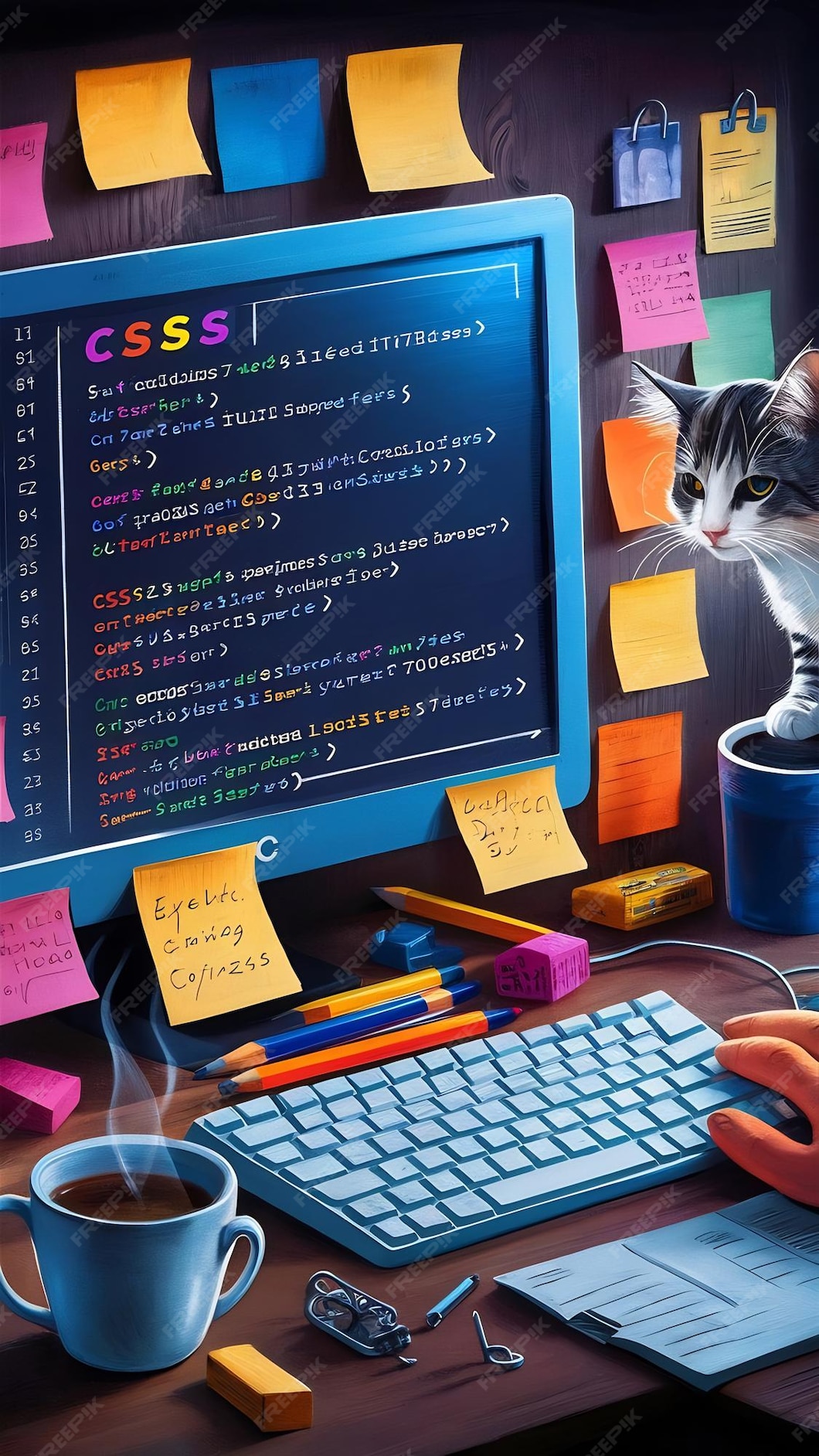 A creative and vivid image of a coding workspace with a computer screen displaying lines of CSS ...