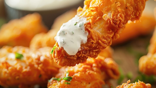 Crispy Fried Chicken Strips Dipped In Creamy Sauce Premium Ai