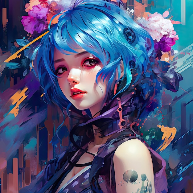 Premium Ai Image Cute Anime Girl With Blue And Purple Hair
