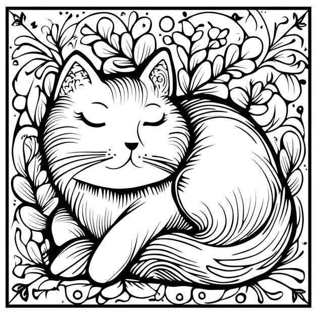 Cute Cat Sleeping On The Tree Black And White Vector Illustration