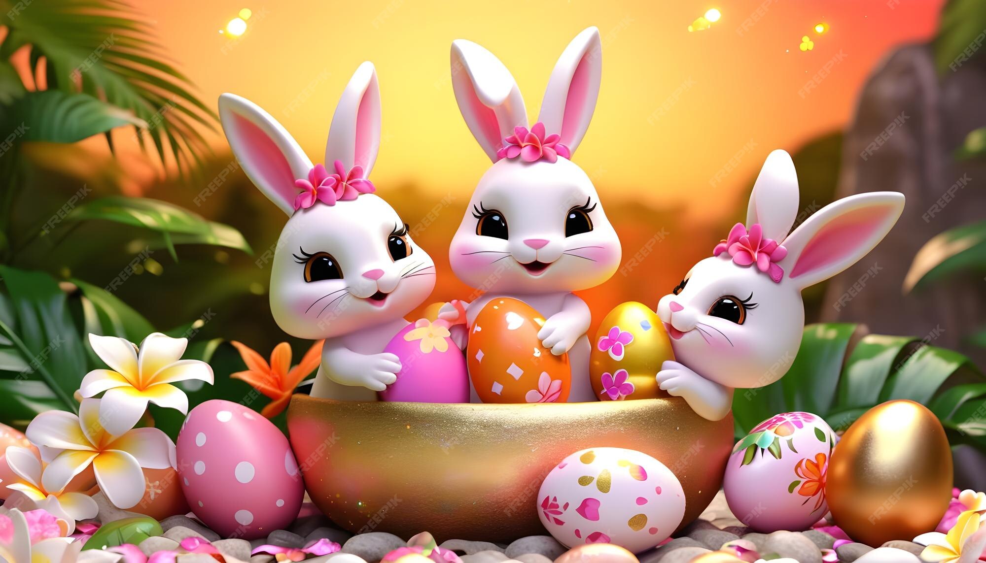 Premium Photo Cute Easter Bunnies With Easter Eggs In 3d