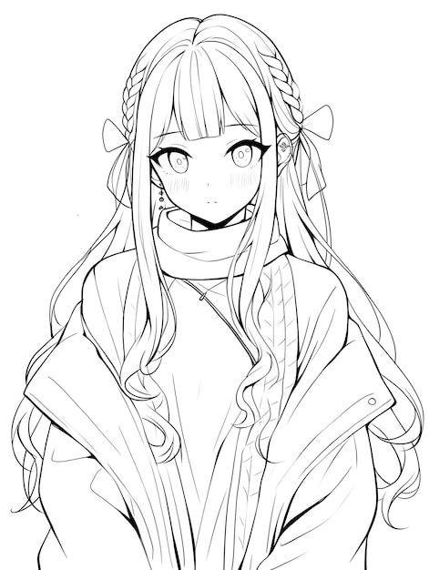 Cute girl black and white lineart line art coloring book anime manga style Premium AI generated image