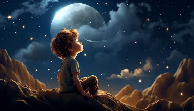 Premium Photo | Cute kid staring at the moon before bedtime Premium Photo | Cute kid staring at the moon before bedtime