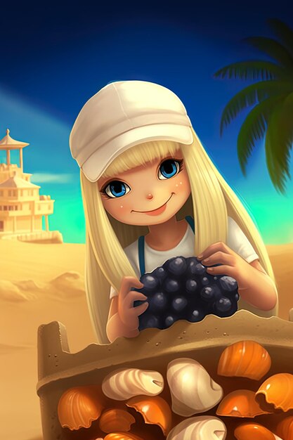 Premium Photo Cute Little Cartton Girl Playing On The Beach With Bucket Of Crystal And Gold Ai