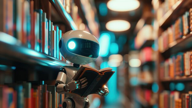 Cute little robot reading a book in the library | Premium AI-generated ... Cute little robot reading a book in the library | Premium AI-generated ...