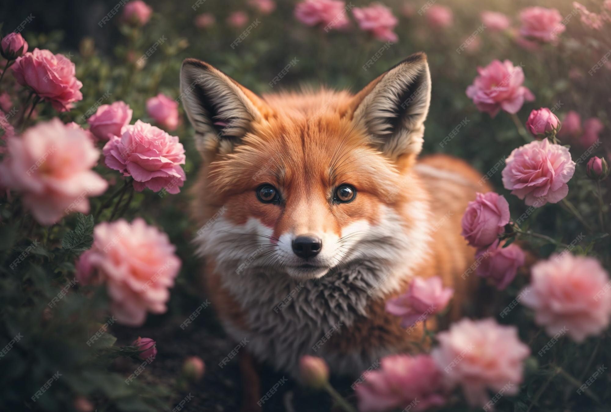 Premium Ai Image Cute Red Fox In Pink Flowers Portrait