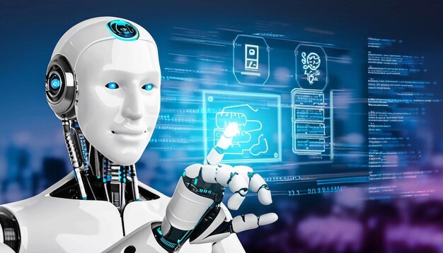 Premium Ai Image Cyber Digital World Android Robot Pointing Finger