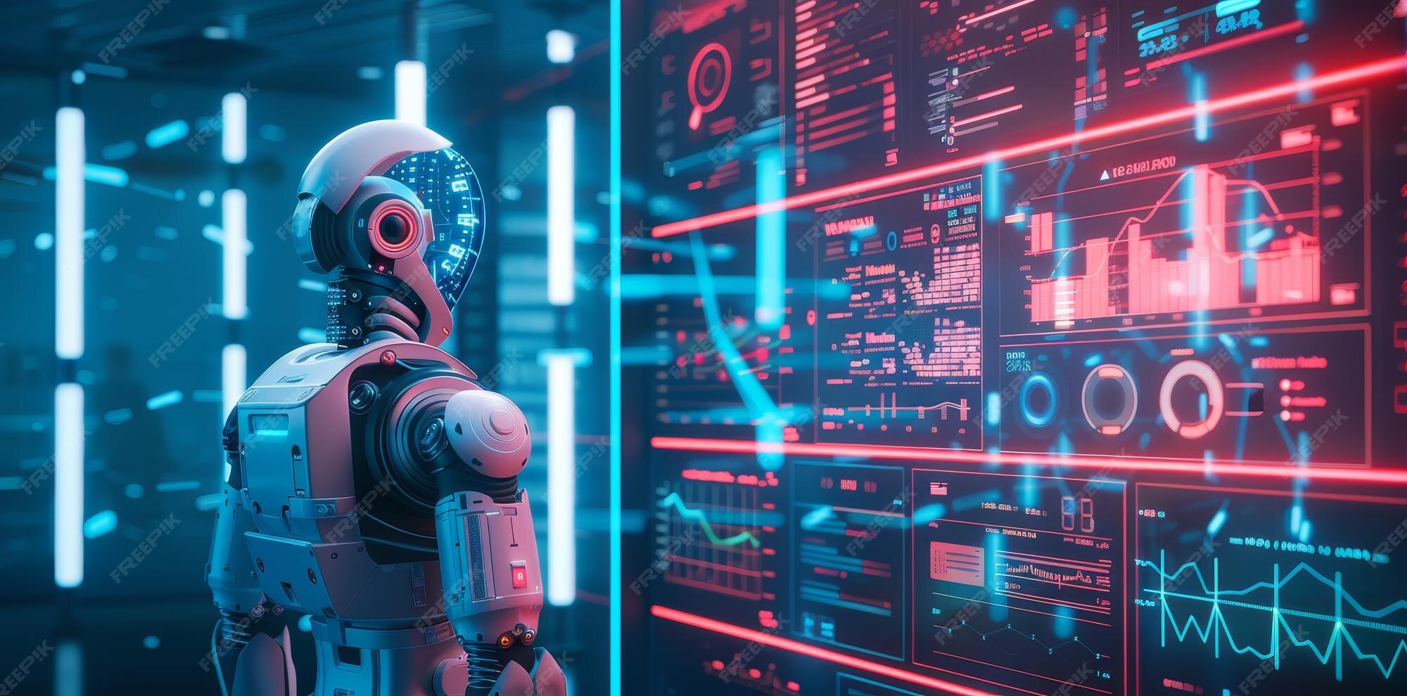 The cyber digital world robot pointing finger message computer coding AI chatbot background ...