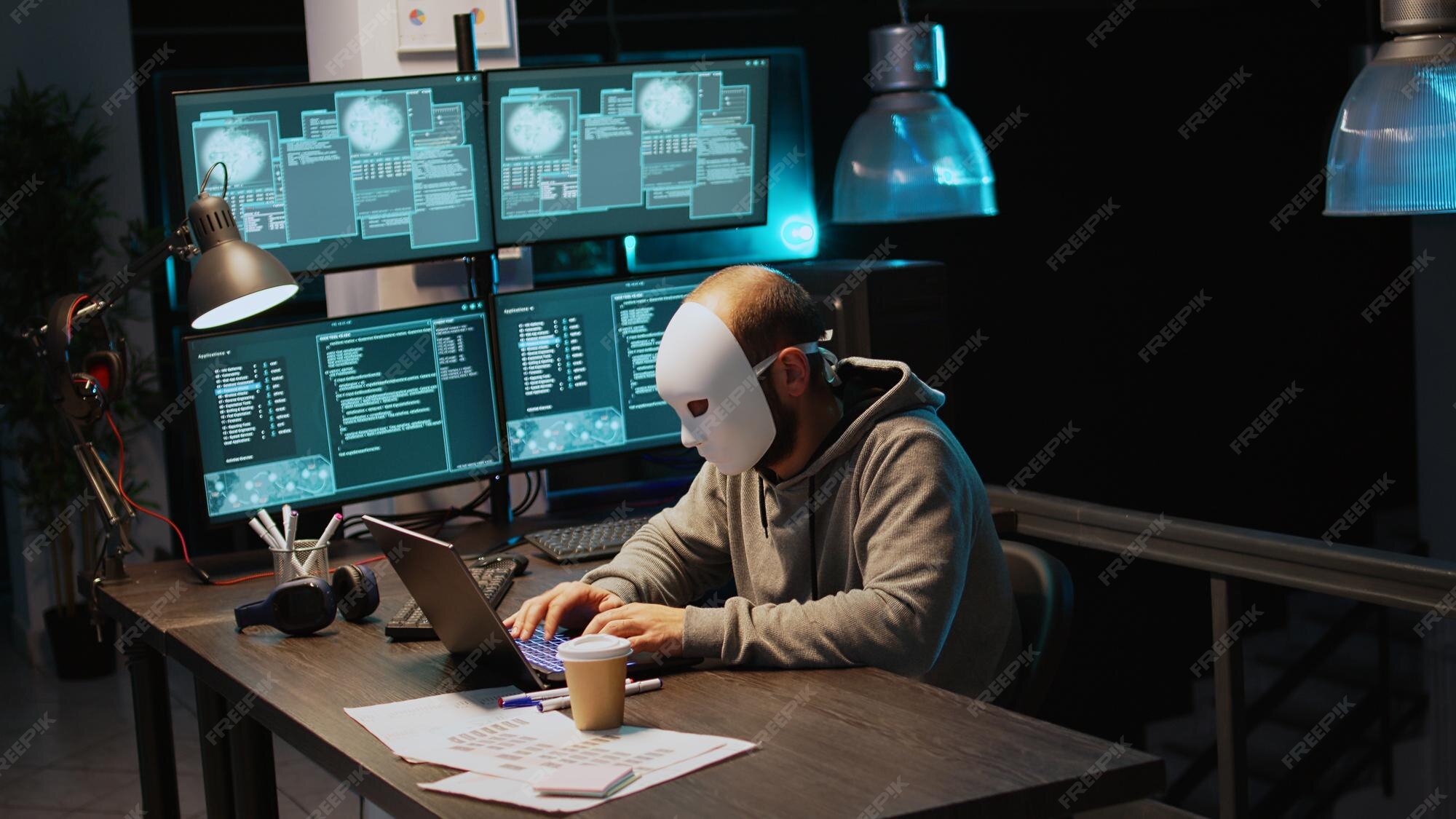 Premium Photo | Cyber impostor wearing mask hacking database servers, hacker with hood breaking ...