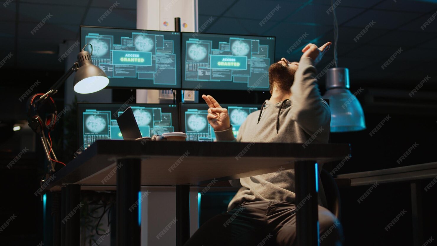 Premium Photo | Cyber scammer feeling happy about hacking security system, success in stealing ...