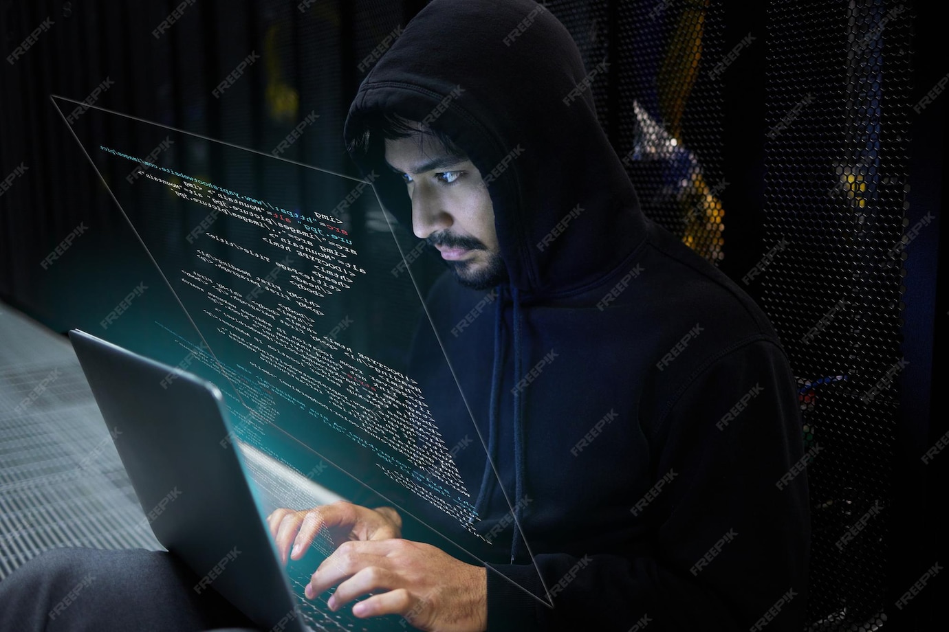 Premium Photo Cyber Security Coding And Hacker In Server Room With Hologram Laptop In Data