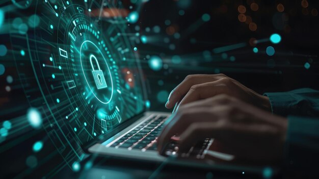Cyber Security Network Data Protection Concept Businessman Using Laptop Computer With Digital