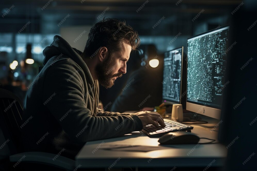 Premium Photo | Cyber security programer focused on writing code encounters system failure while ...