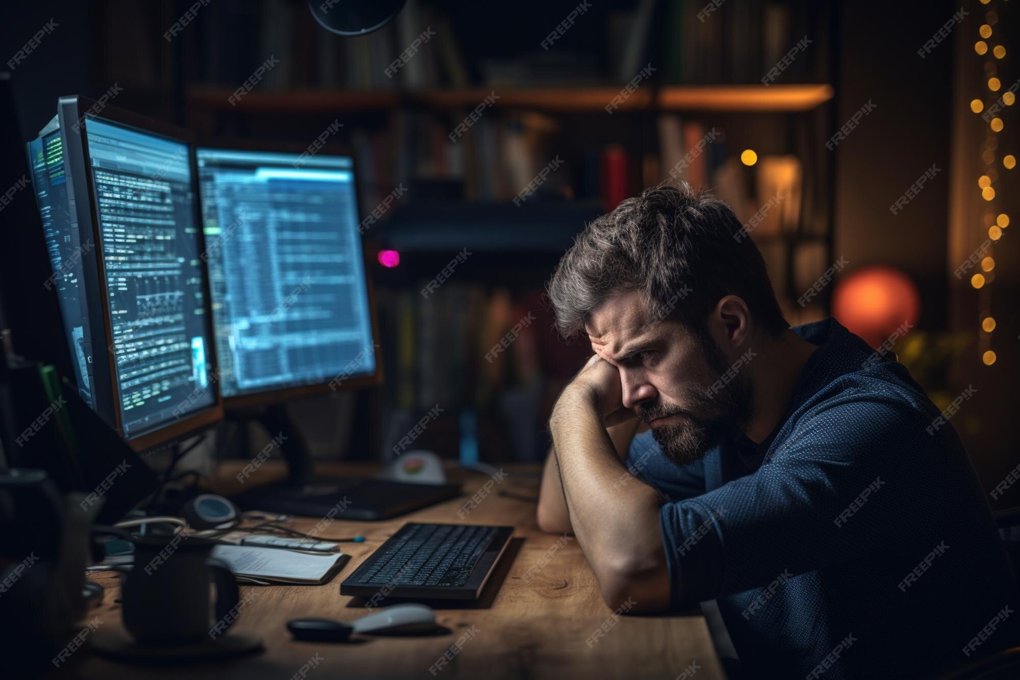 Premium Photo | Cyber security programer focused on writing code encounters system failure while ...