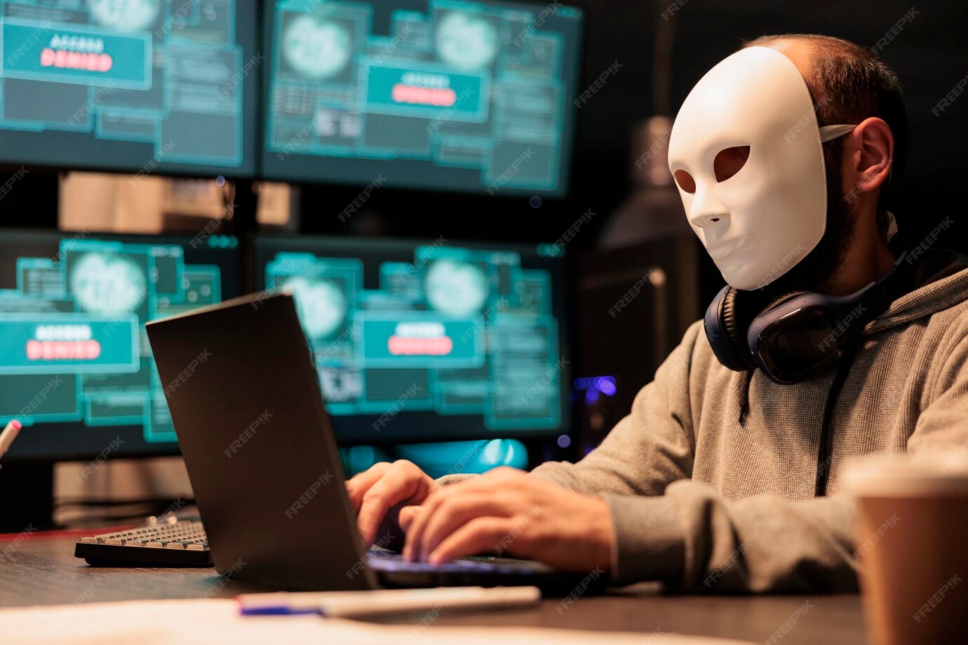 Premium Photo | Cyber terrorist wearing mask hacking database servers, hacker with hood breaking ...