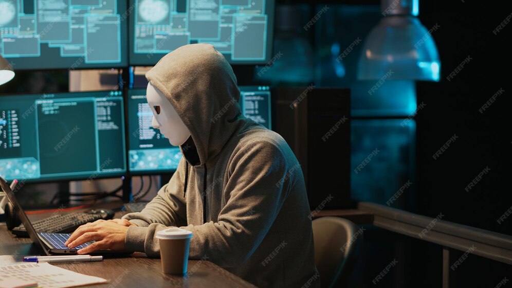 Premium Photo | Cyber terrorist with mask hacking database servers, hacker with hood on hacking ...