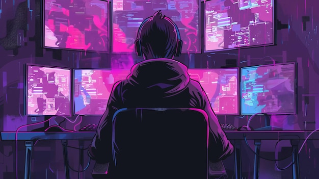 Cyberpunk Style Hacker at Workstation with Multiple Monitors Displaying Code Digital Art ...