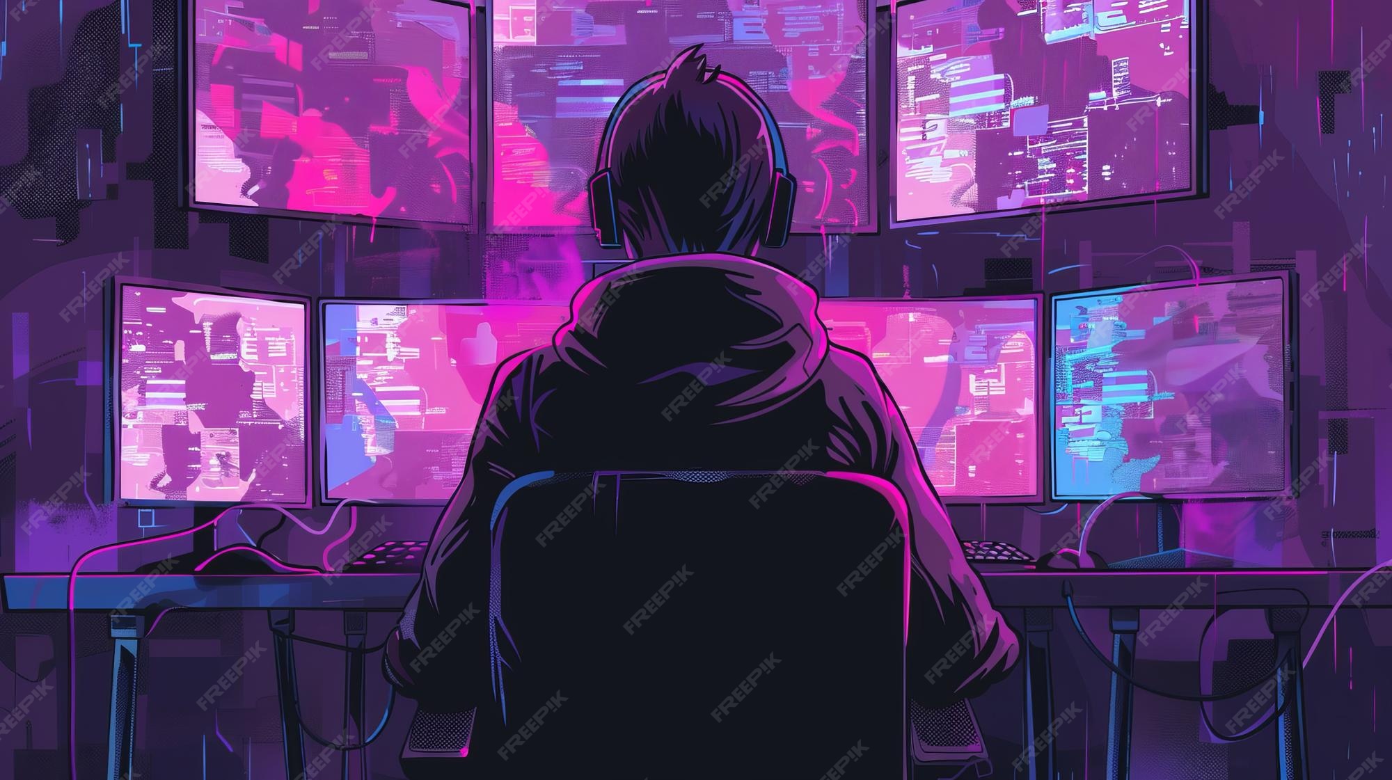 Cyberpunk Style Hacker at Workstation with Multiple Monitors Displaying Code Digital Art ...