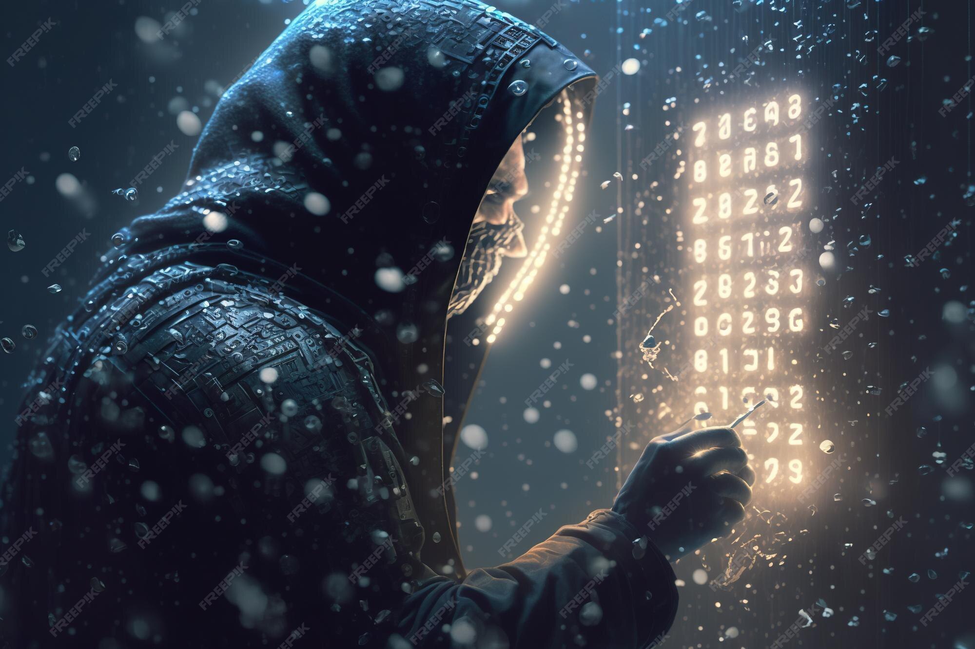 Cybersecurity computer hacker with hoodie vulnerability and hackercodingmalware concept on ...