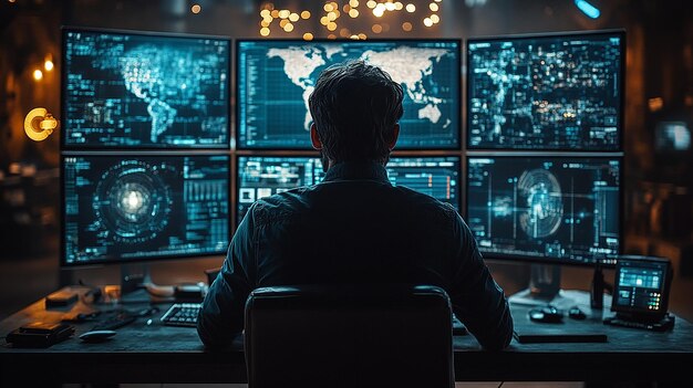 Cybersecurity Expert Analyzing Data on Multiple Screens | Premium AI ... Cybersecurity Expert Analyzing Data on Multiple Screens | Premium AI ...