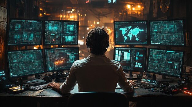 Cybersecurity Expert Analyzing Data on Multiple Screens | Premium AI ... Cybersecurity Expert Analyzing Data on Multiple Screens | Premium AI ...