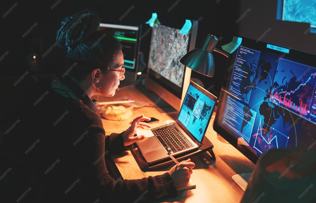 Premium Photo | Cybersecurity woman and computer with global info with ...